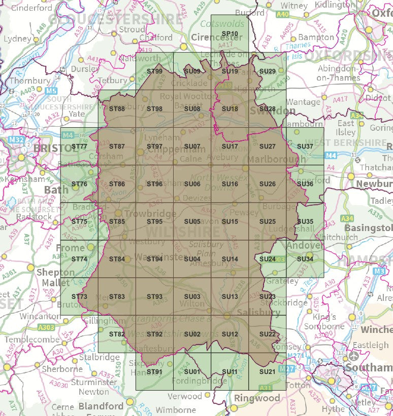 Wiltshire and Swindon - OS Map Tiles – ukmaps.co.uk