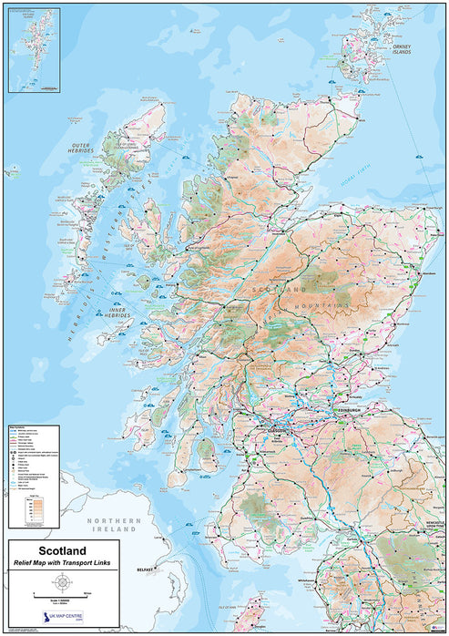 Compact Scotland Relief Map with Transport Links - Digital Download ...