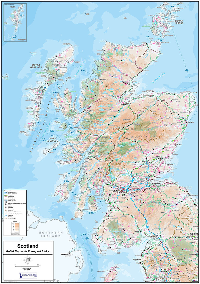 Compact Scotland Relief Map with Transport Links - Digital Download ...