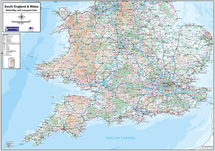 Relief Map 4 with Transport Links - Southern England & Wales - Digital ...