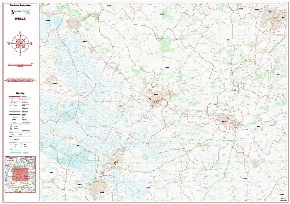 Postcode City Sector Map Wells Digital Download Uk